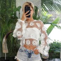 China Lantern Sleeved High Neck Flared Blouse Chic Black High Waisted Lace Tops With Stand Collar For Women for sale