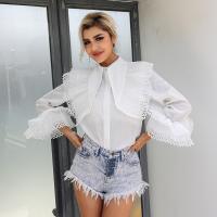 China Crystal Embellished Heart Cut Out Shirt Blouse Chic Black High Waisted Lace Tops With Stand Collar For Women for sale