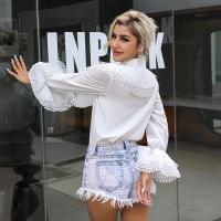 China Crystal Embellished Heart Cut Out Shirt Blouse Chic Black High Waisted Lace Tops With Stand Collar For Women for sale