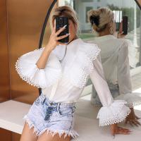 China Crystal Embellished Heart Cut Out Shirt Blouse Chic Black High Waisted Lace Tops With Stand Collar For Women for sale