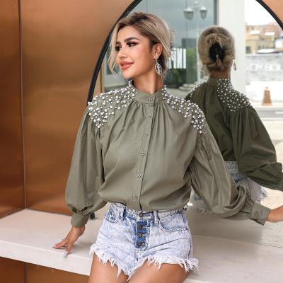 China Chic Versatile Elevate Style Collar Detail Shirt Blouse Chic Black High Waisted Lace Tops With Stand Collar For Women for sale