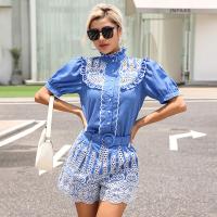China Women'S Two Piece Jumpsuit Casual Wear Delicate Buttons Broderie Top Shorts Cutwork Detail for sale