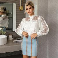 China Lantern Sleeved High Neck Flared Blouse Chic Black High Waisted Lace Tops With Stand Collar For Women for sale