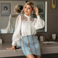 China Lantern Sleeved High Neck Flared Blouse Chic Black High Waisted Lace Tops With Stand Collar For Women for sale