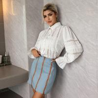 China Longn Sleeved High Neck Flared Blouse Chic White High Waisted Lace Tops With Stand Collar For Women for sale