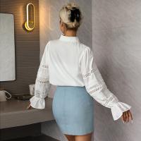 China Longn Sleeved High Neck Flared Blouse Chic White High Waisted Lace Tops With Stand Collar For Women for sale
