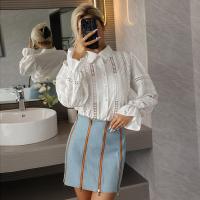 China Longn Sleeved High Neck Flared Blouse Chic White High Waisted Lace Tops With Stand Collar For Women for sale