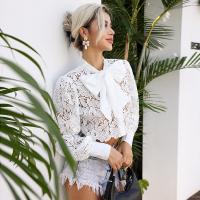 China Long Sleeved High Neck Flared Blouse Chic White High Waisted Lace Tops With Stand Collar For Women for sale