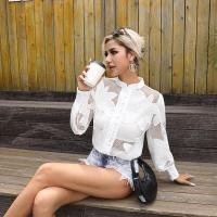 China Lantern Sleeve High Neck Flared Blouse Chic Black High Waisted Lace Tops With Stand Collar For Women for sale