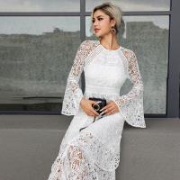 China High Neck Ladies Lace Dresses Balloon Long Sleeve Lace Up Dress With Elastic Cuffs for sale