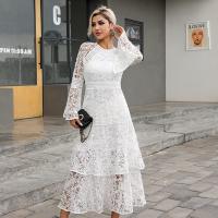China High Neck Ladies Lace Dresses Balloon Long Sleeve Lace Up Dress With Elastic Cuffs for sale