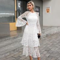 China High Neck Ladies Lace Dresses Balloon Long Sleeve Lace Up Dress With Elastic Cuffs for sale