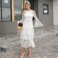 China High Neck Ladies Lace Dresses Balloon Long Sleeve Lace Up Dress With Elastic Cuffs for sale