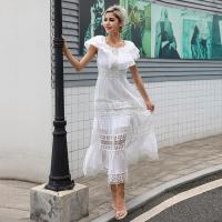 China High Neck Ladies Lace Dresses Balloon Long Sleeve Lace Up Dress With Elastic Cuffs for sale