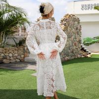 China Maxi Ladies Lace Dresses Lace Up Shirt Dress Contrast Guipure Lantern Puff Sleeve for sale