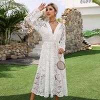 China Maxi Ladies Lace Dresses Lace Up Shirt Dress Contrast Guipure Lantern Puff Sleeve for sale