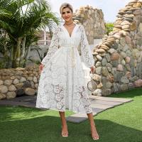China Maxi Ladies Lace Dresses Lace Up Shirt Dress Contrast Guipure Lantern Puff Sleeve for sale