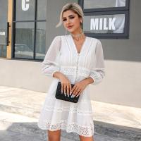 China Patchwork Turtleneck Lantern Sleeve Mini Dress White Cut Out Cotton Tunic Dress for sale