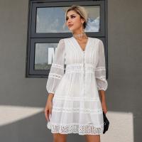 China Patchwork Turtleneck Lantern Sleeve Mini Dress White Cut Out Cotton Tunic Dress for sale