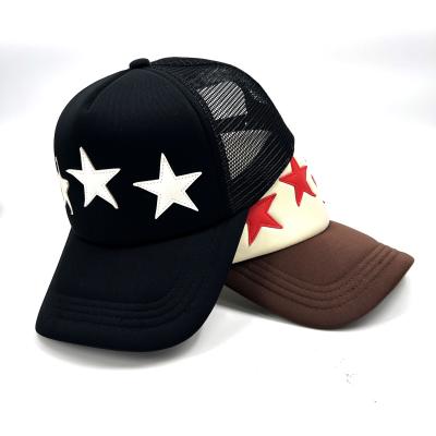 China PU Leather Stars Mesh Trucker Caps Patches Foam Polyester Embroidered High Crown 5 Panels for sale