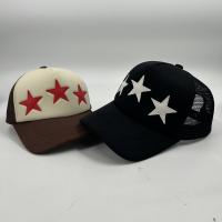 China PU Leather Stars Mesh Trucker Caps Patches Foam Polyester Embroidered High Crown 5 Panels for sale