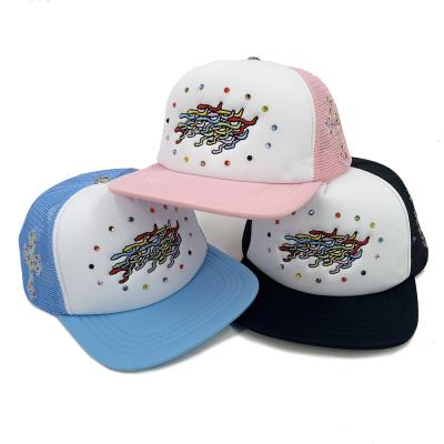 China Two Tone Foam Mesh Trucker Caps Fashion Rhinestones Custom Metal Button Snapback for sale