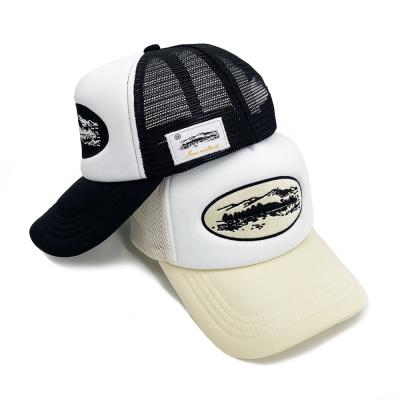 China Different Tone Big Custom Embroidery Trucker Hats Snap Mesh Foam Back Woven Patch Side 5 Panel for sale
