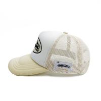 China Different Tone Big Custom Embroidery Trucker Hats Snap Mesh Foam Back Woven Patch Side 5 Panel for sale