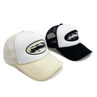 China Different Tone Big Custom Embroidery Trucker Hats Snap Mesh Foam Back Woven Patch Side 5 Panel for sale