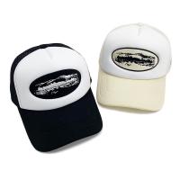 China Different Tone Big Custom Embroidery Trucker Hats Snap Mesh Foam Back Woven Patch Side 5 Panel for sale