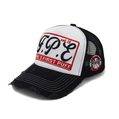 China Classic Mesh Cotton 5 Panel Trucker Cap 3D Embroidery Snap Back Distressed Gorras Sports for sale