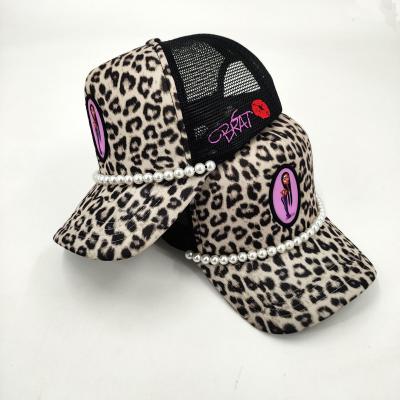 China Leopard Printed With Mesh Foam 5 Panel Trucker Cap Pearls Embroidered Patch 3D Embroidery Cheetah for sale