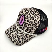 China Leopard Printed With Mesh Foam 5 Panel Trucker Cap Pearls Embroidered Patch 3D Embroidery Cheetah for sale