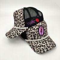 China Leopard Printed With Mesh Foam 5 Panel Trucker Cap Pearls Embroidered Patch 3D Embroidery Cheetah for sale