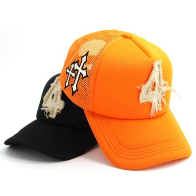 China Foam With Mesh 5 Panel Trucker Hat Embroidered Distressed Patch Snapback Cap for sale