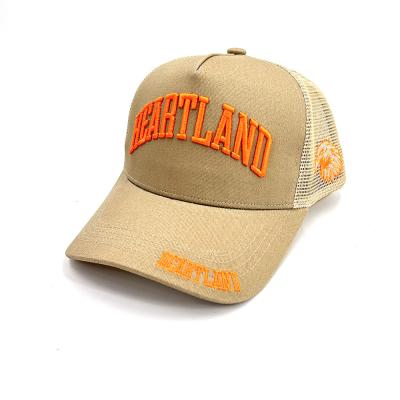China Cotton Mesh 5 Panel Trucker Hat 3D Embroidery Snapback Breathable Structured Cap for sale