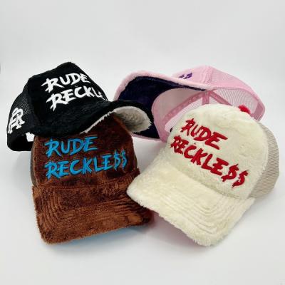 China 5 Panels Mesh Velvet Custom 3D Embroidery Trucker Hats Fuzzy Snapback Cap for sale