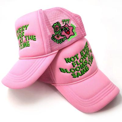 China Pink Mesh 5 Panel Trucker Cap Embroidered Patch Bulk 3D Embroidery Cap for sale