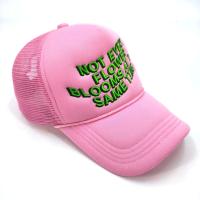 China Pink Mesh 5 Panel Trucker Cap Embroidered Patch Bulk 3D Embroidery Cap for sale