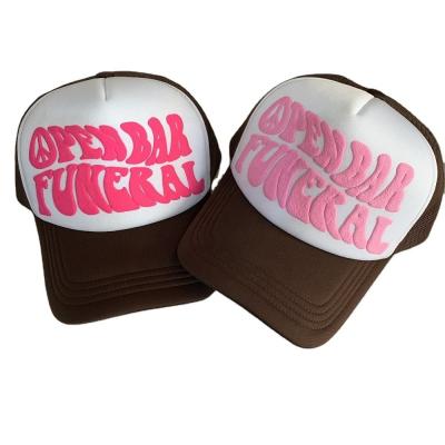 China Foam Puff Custom 3D Embroidery Trucker Hats Print Snapback Cap Structured Cap for sale