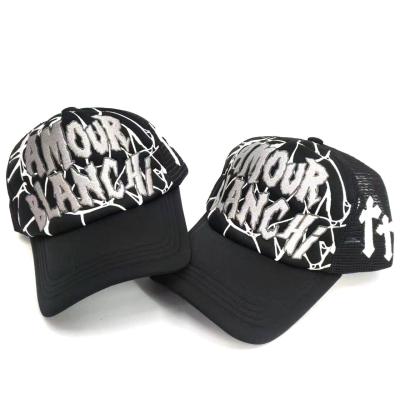 China Full Embroidery Foam Mesh 5 Panel Trucker Hat Special Cross Embroidered Hat3d Embroidered Puff for sale