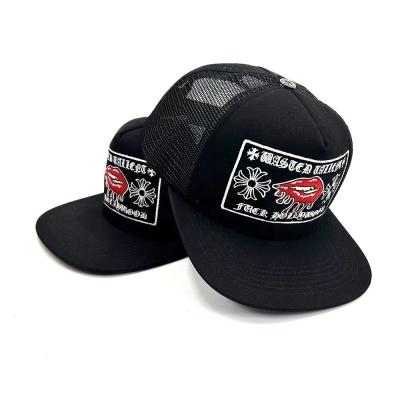 China Cotton Foam 5 Panel Trucker Hat Flat Brim Embroidered Patch Snapback Cap for sale