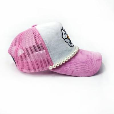 China Pearl On Brim Embroidered Trucker Cap Pink Sunshade Floral Sports Gorros Adjustable Snapback Pearl for sale