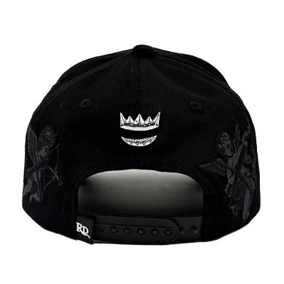 China 3D Embroidery Black On Black Baseball Caps Fire Flame Suede Visor Premium Angel Embroider Metal Tag Silk Lined for sale