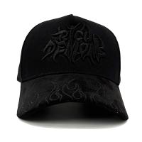 China 3D Embroidery Black On Black Baseball Caps Fire Flame Suede Visor Premium Angel Embroider Metal Tag Silk Lined for sale