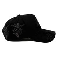 China 3D Embroidery Black On Black Baseball Caps Fire Flame Suede Visor Premium Angel Embroider Metal Tag Silk Lined for sale