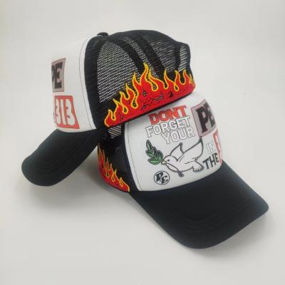 China Patch Fire Flame Custom Embroidery Trucker Hats Pattern Mesh Foam Snapback Gorras With Flame Print Cute 5 panel for sale
