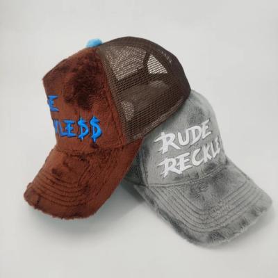 China Fluffy Velvet Suede Leather Custom 3D Embroidery Trucker Hats Fur Fitted UV Mix Color for sale