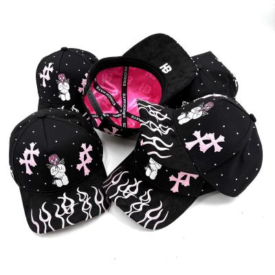 China Suede Brim Cotton Baseball Cap 5 Panel Structured 3D Embroidery with Rhinestone Leather Crosses Patch for sale