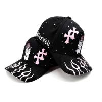 China Suede Brim Cotton Baseball Cap 5 Panel Structured 3D Embroidery with Rhinestone Leather Crosses Patch for sale